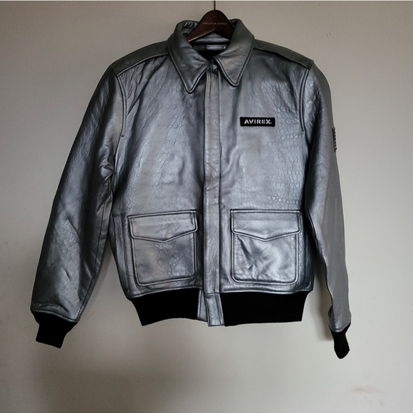 Avirex | Jackets & Coats | Avirex Leather Bomber Jacket Metallic Grey ...